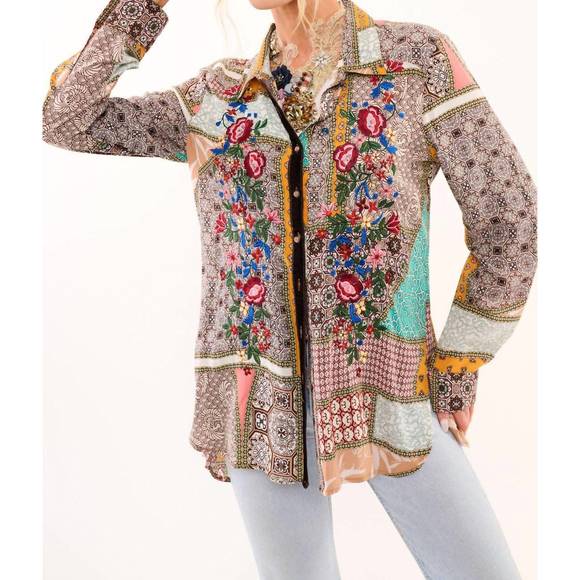 Aratta | Tops | New Aratta Beaded Luna Shirt In Patched Paisley Print ...